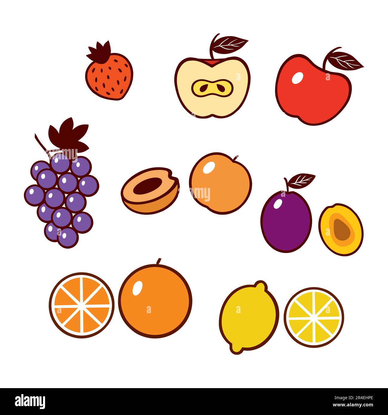 Lemon, orange, peach, apple, strawberry, grape, plum. Vector set of ...