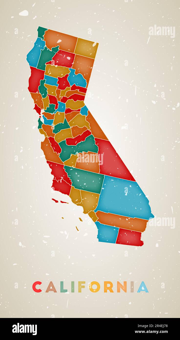 California map. US state poster with colored regions. Old grunge ...