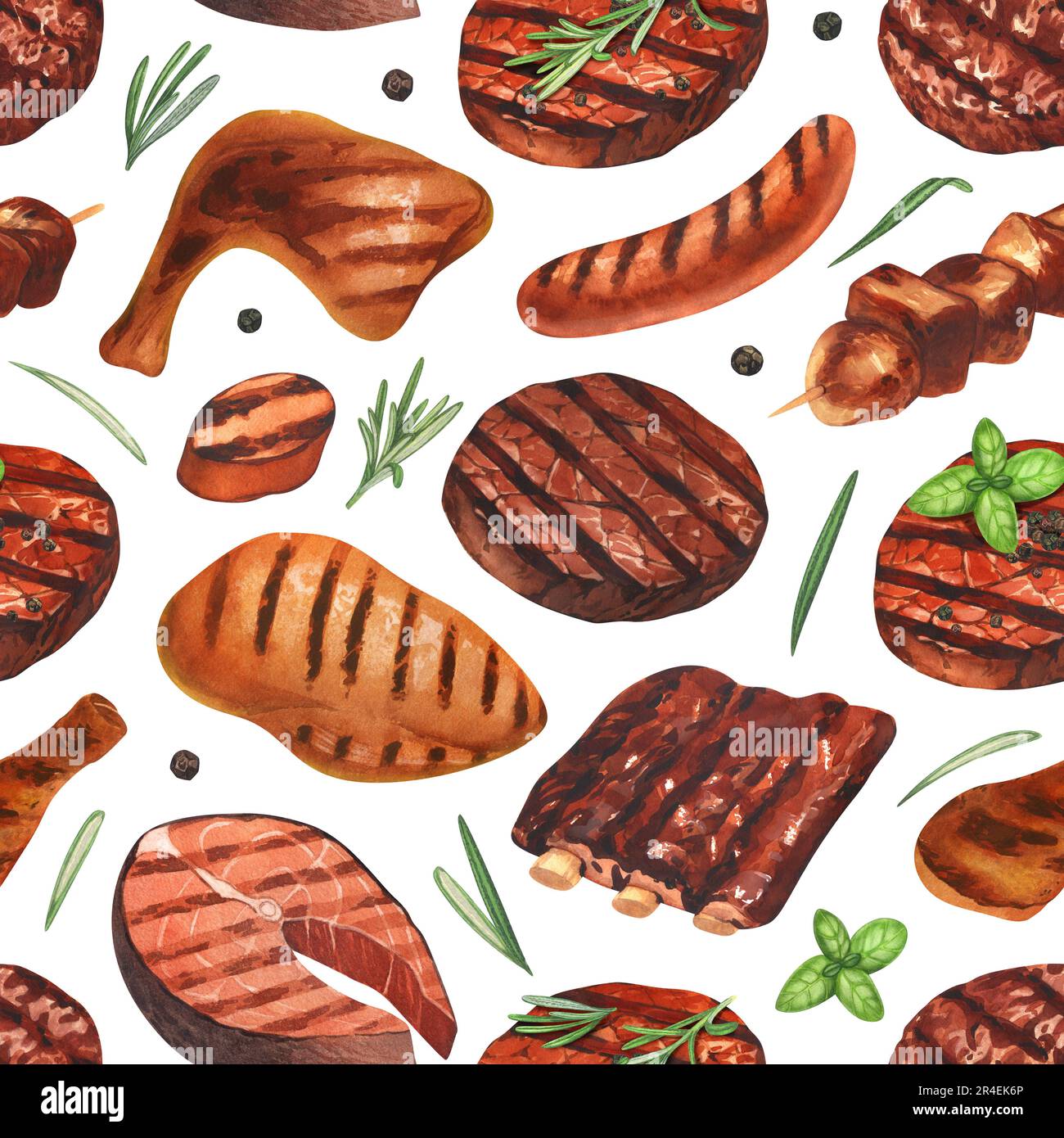Watercolor pattern seamless grilled meat hamburger and steak beef. Hand ...