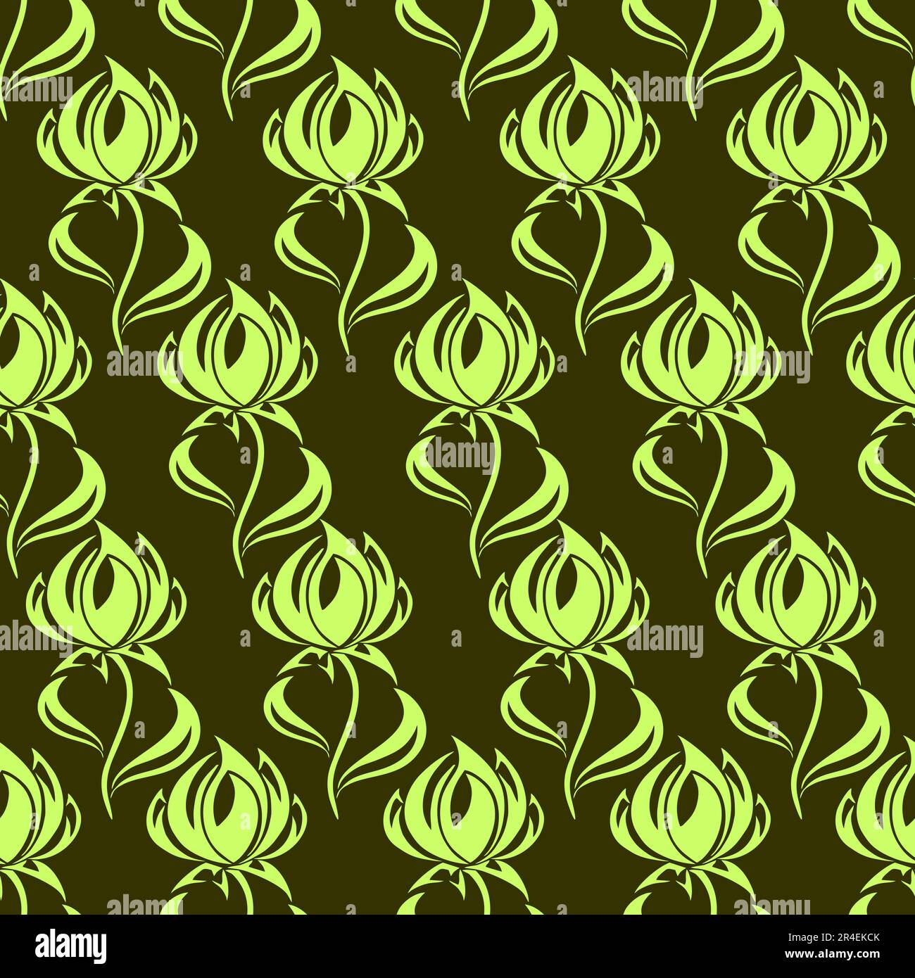 seamless contour pattern of large green flowers on an olive background ...