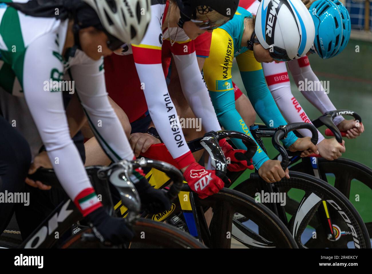 Moscow, Russia. 27th of May, 2023. Track cyclists prepare for a start ...