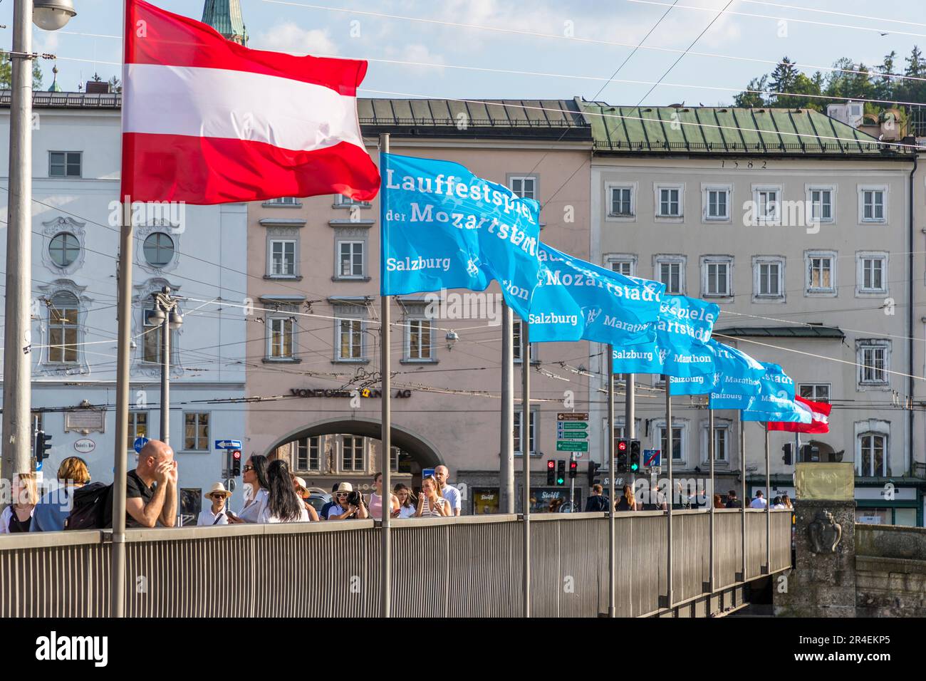 Flags fly on the state bridge in Salzburg (Austria) indicating the ...