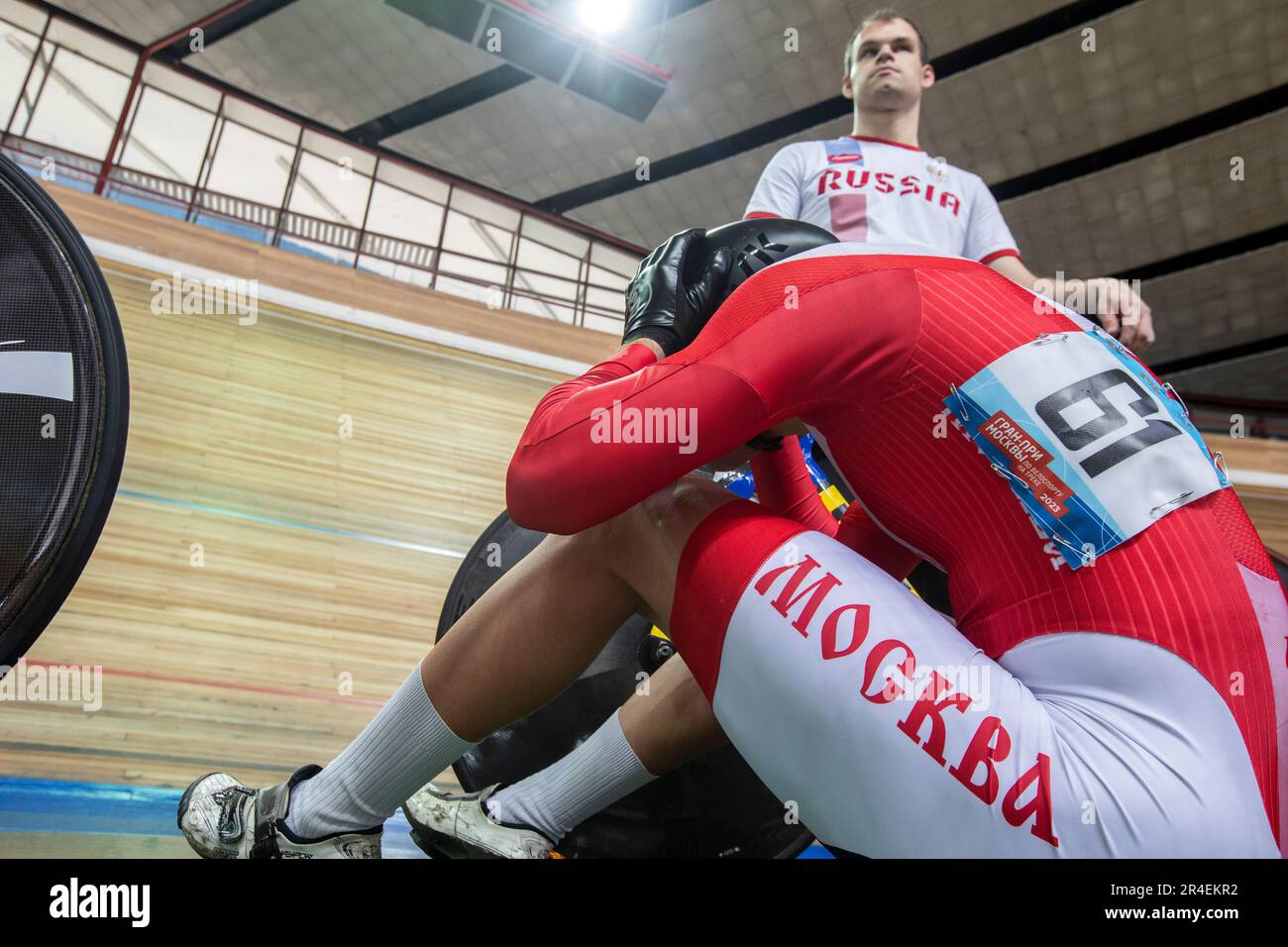 Moscow, Russia. 27th of May, 2023. Track cyclist prepares for a start ...