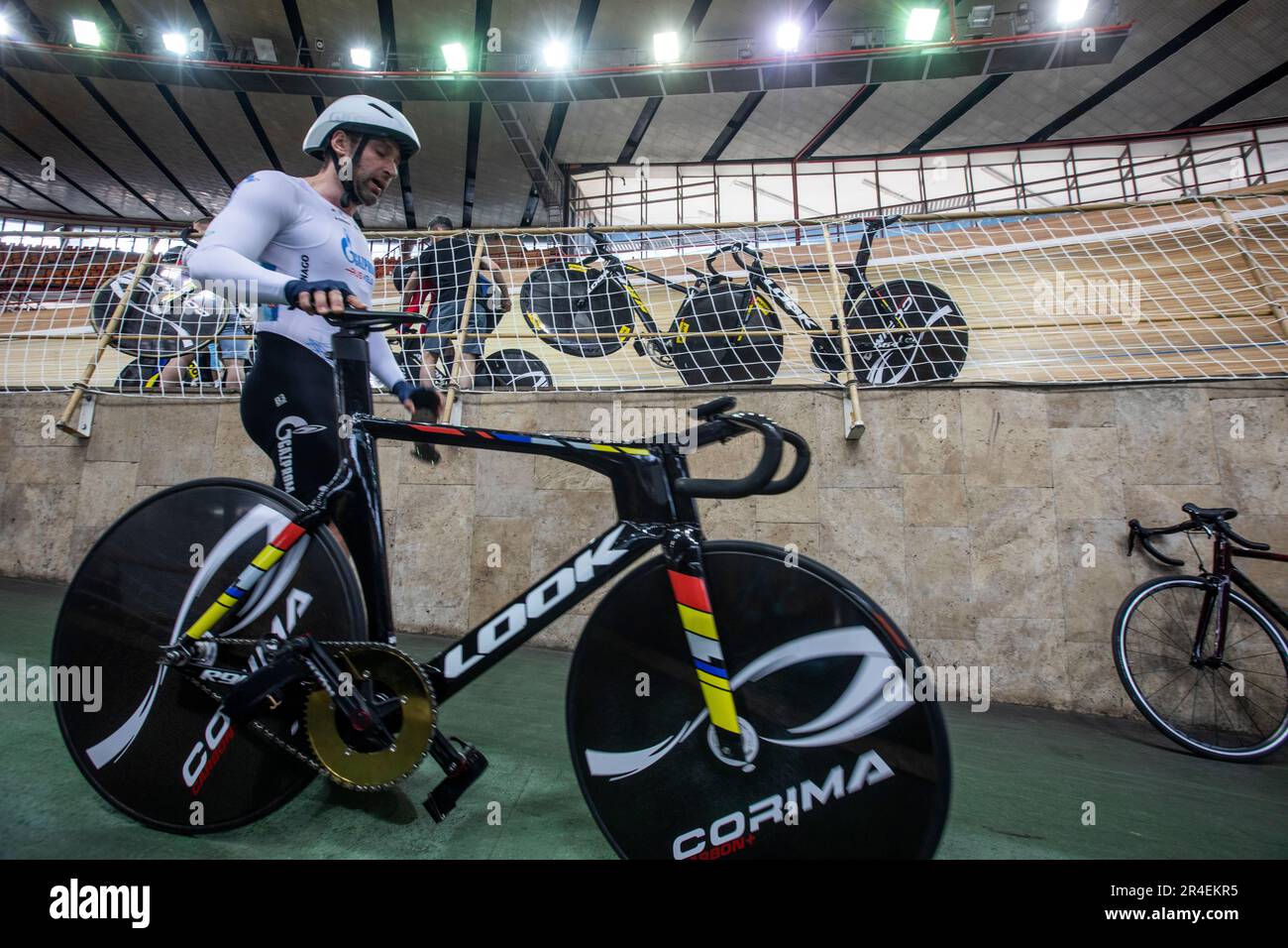 Moscow, Russia. 27th of May, 2023. Track cyclist prepares for a start ...