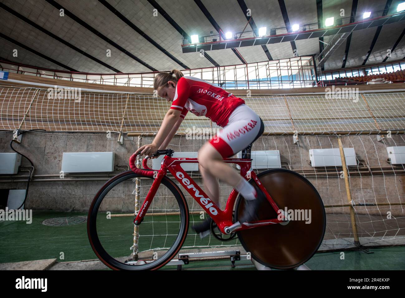 Moscow, Russia. 27th of May, 2023. Track cyclist warms up before a race ...