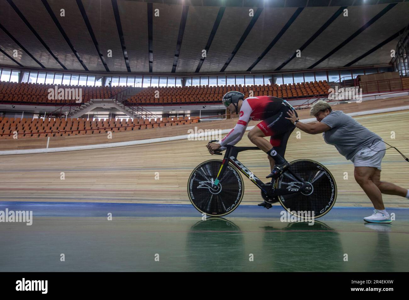 Moscow, Russia. 27th of May, 2023. Track cyclist prepares for a start ...
