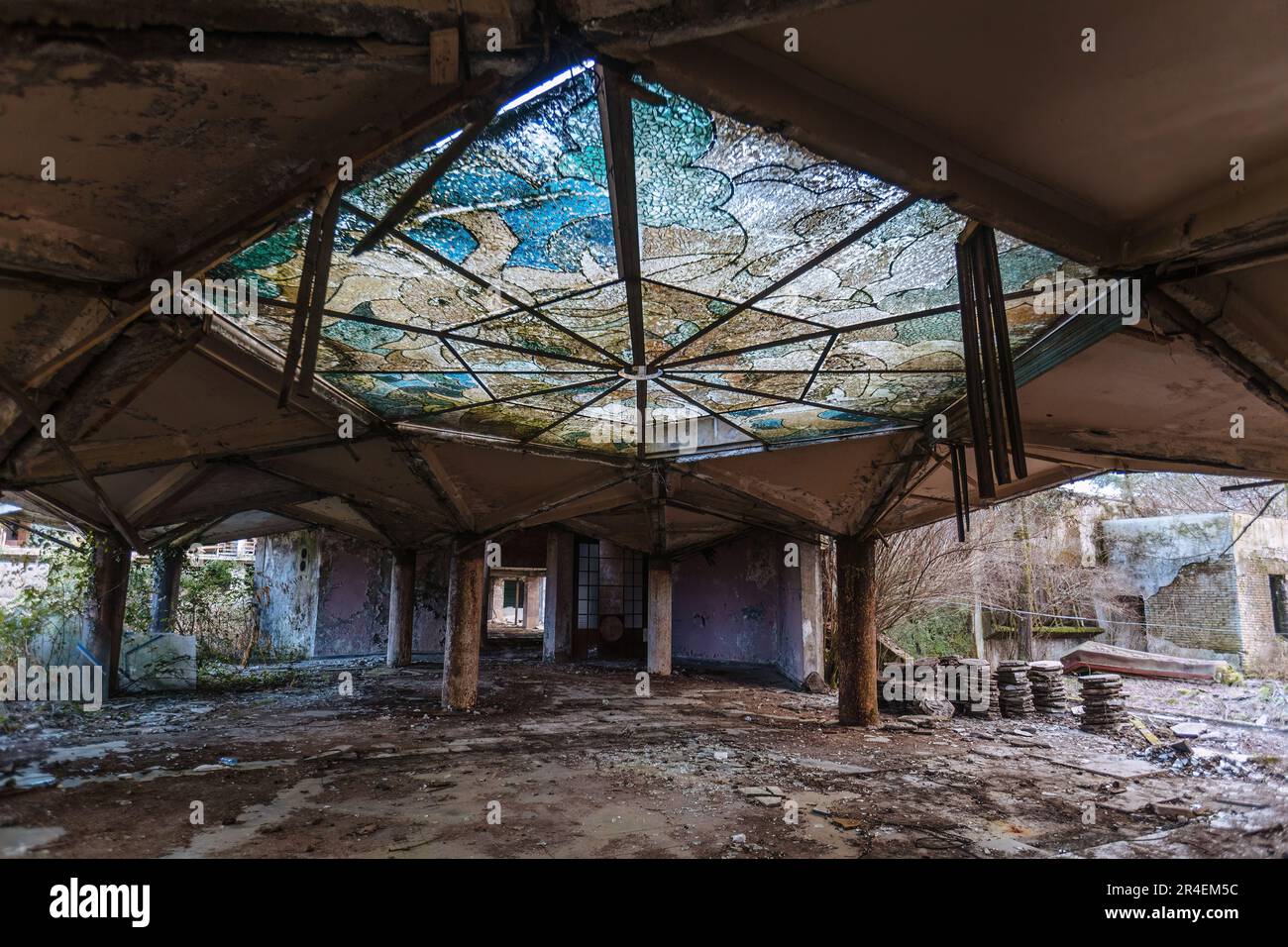 Old abandoned building with stained glass ceiling Stock Photo - Alamy
