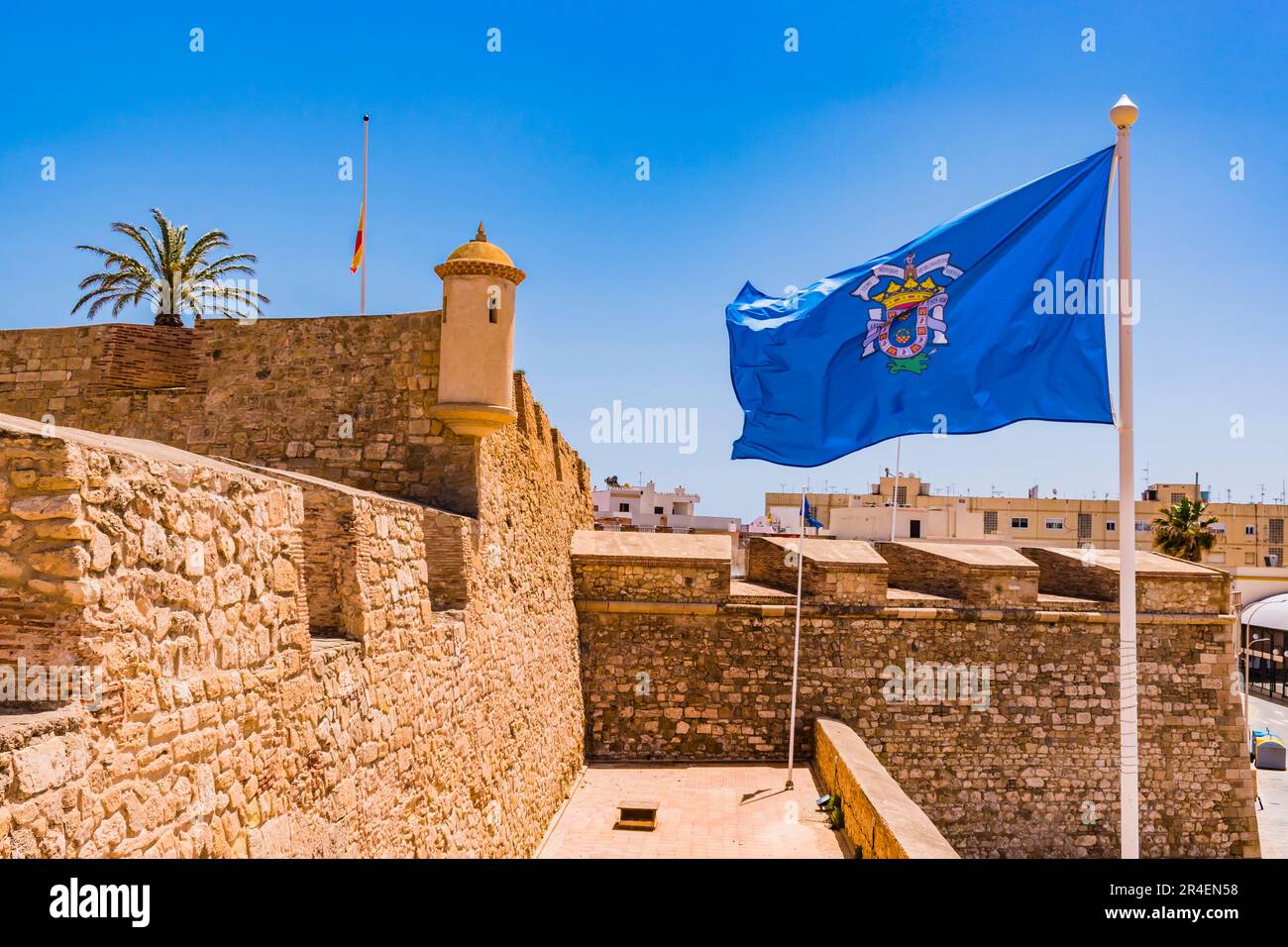 Flag of the city of Melilla waving in the Plaza de Armas. Second ...