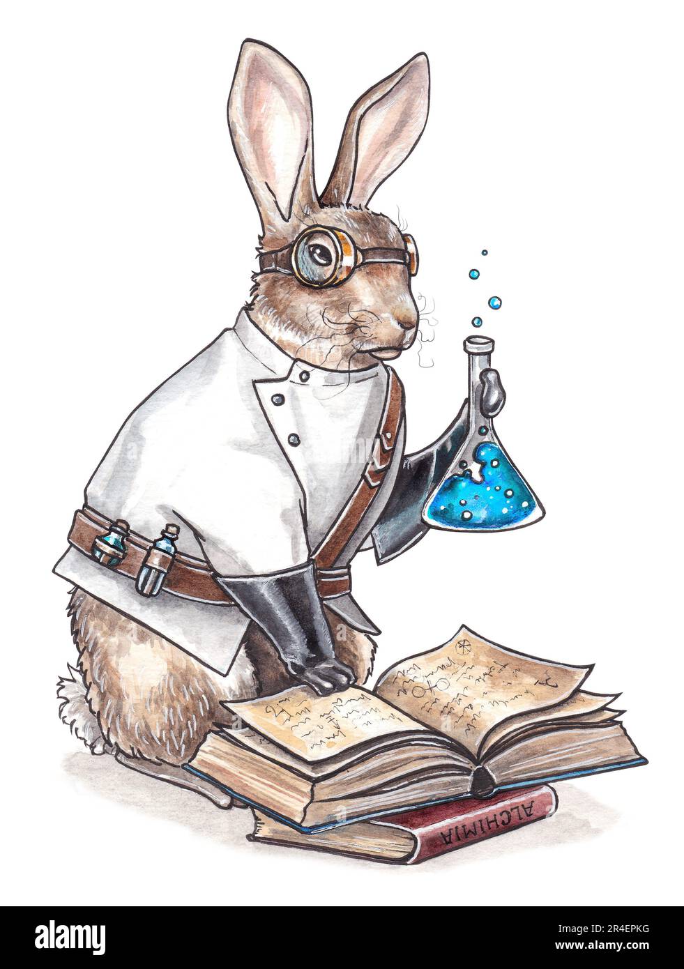 Steampunk scientist rabbit. Watercolor hand drawn illustration of a ...