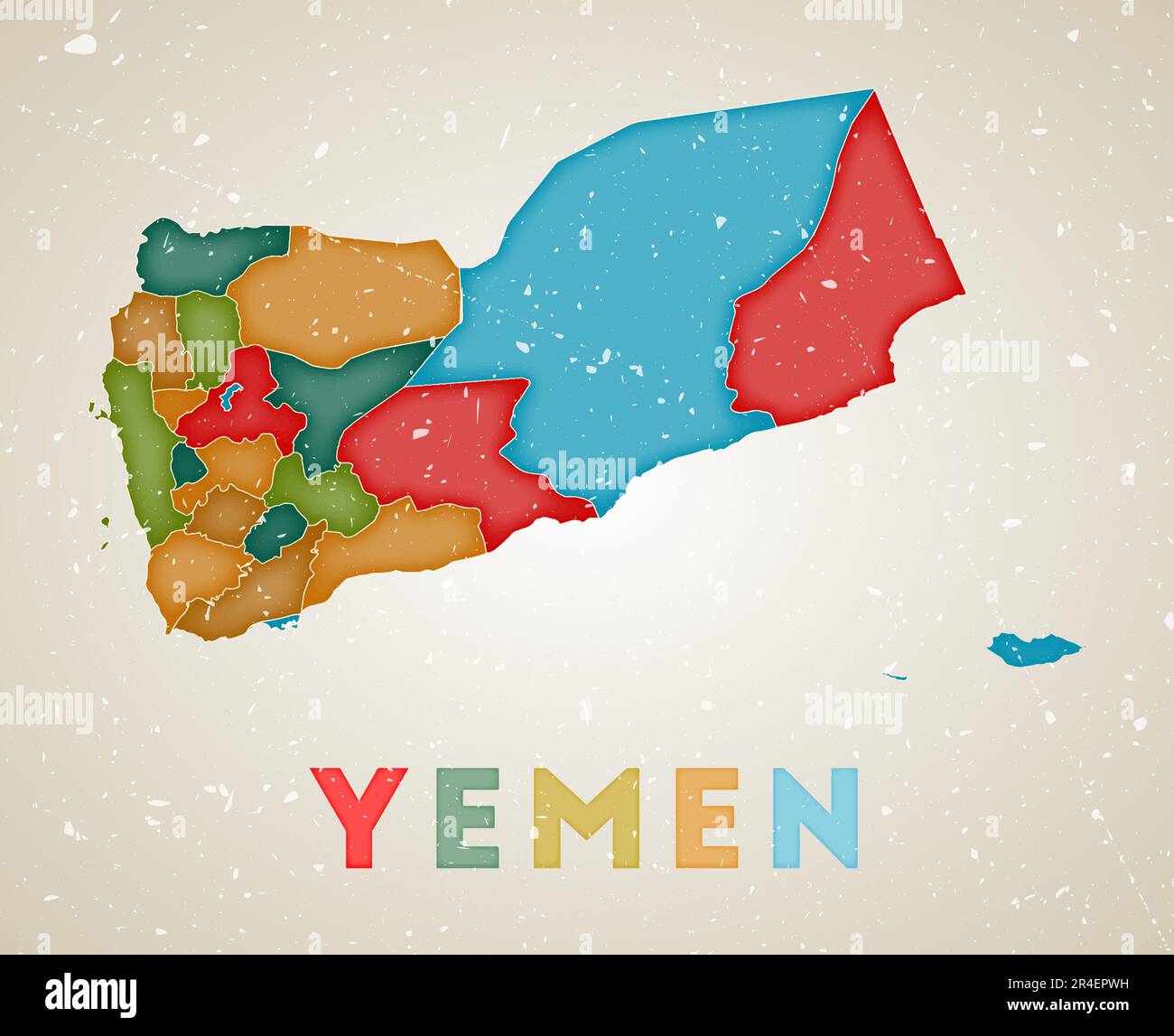 Yemen map. Country poster with colored regions. Old grunge texture ...