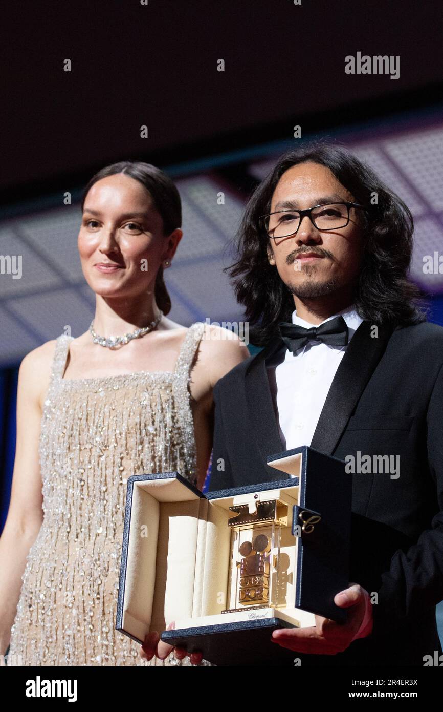 Cannes, France. 27th May, 2023. Director Pham Thien An receives The Camera d'or Award for ...