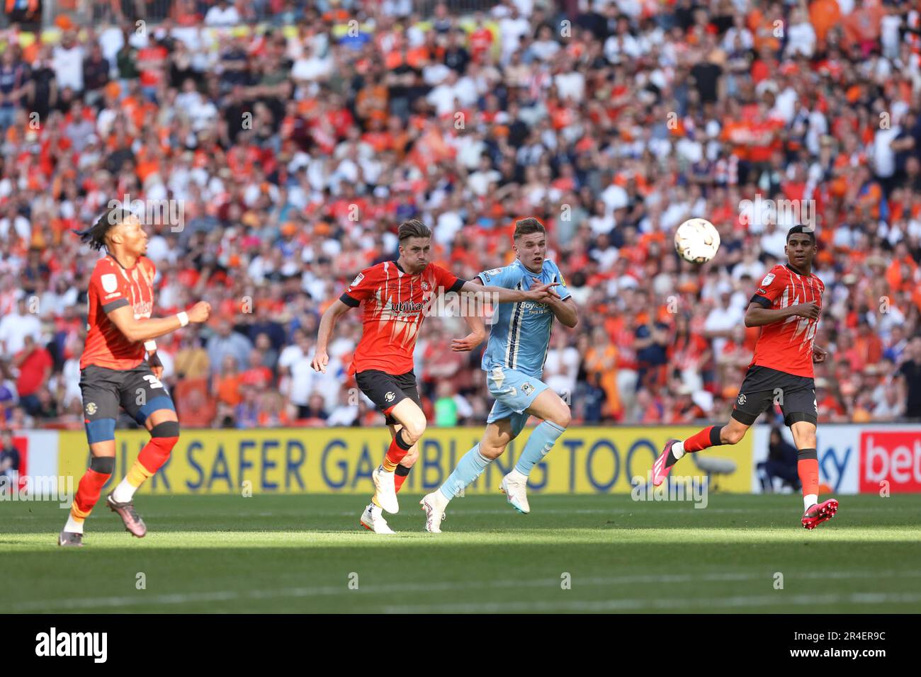 London, UK. 27th May, 2023. Reece Burke of Luton Town and Viktor ...