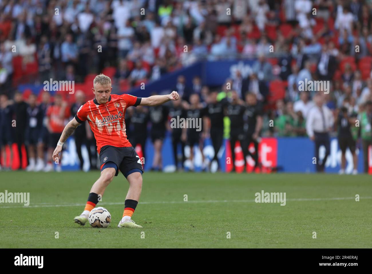 London, UK. 27th May, 2023. Joe Taylor of Luton Town scores his penalty ...