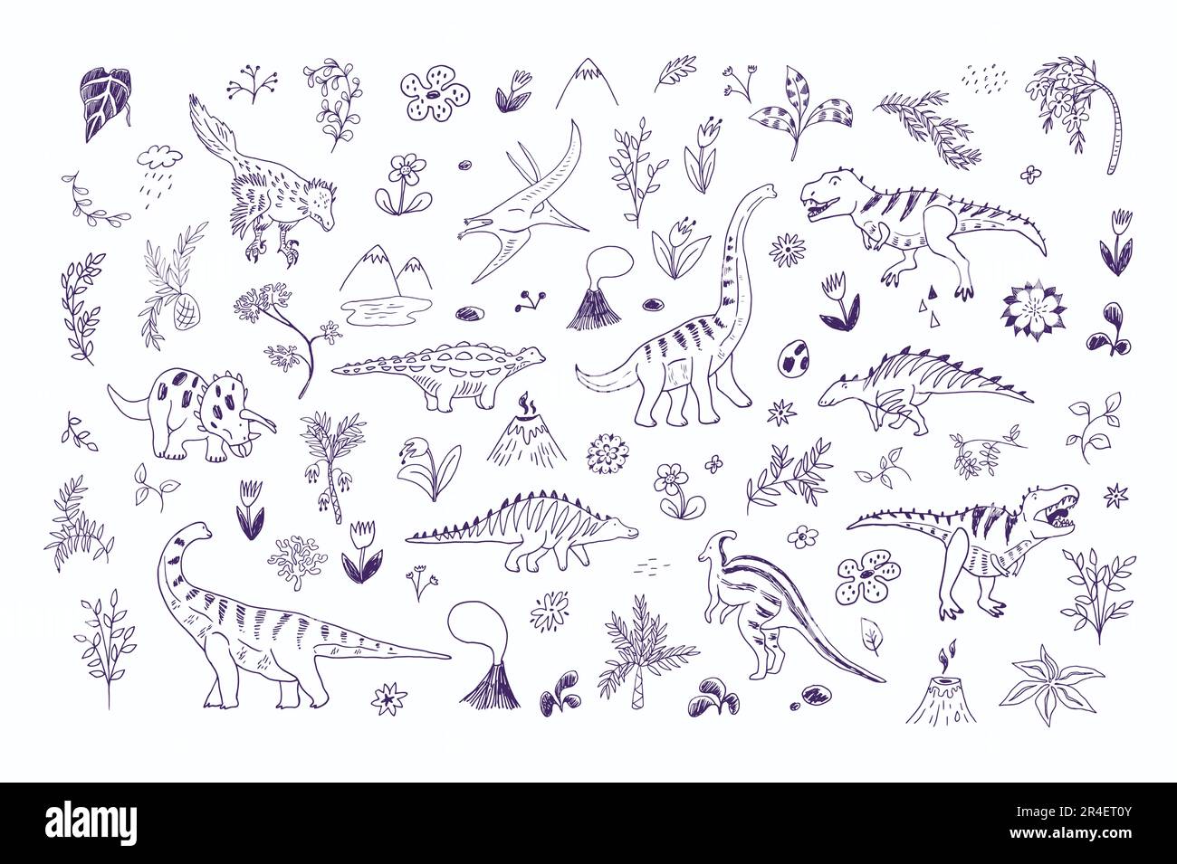 Dinosaurs with flowers vector doodle illustrations set Stock Vector ...