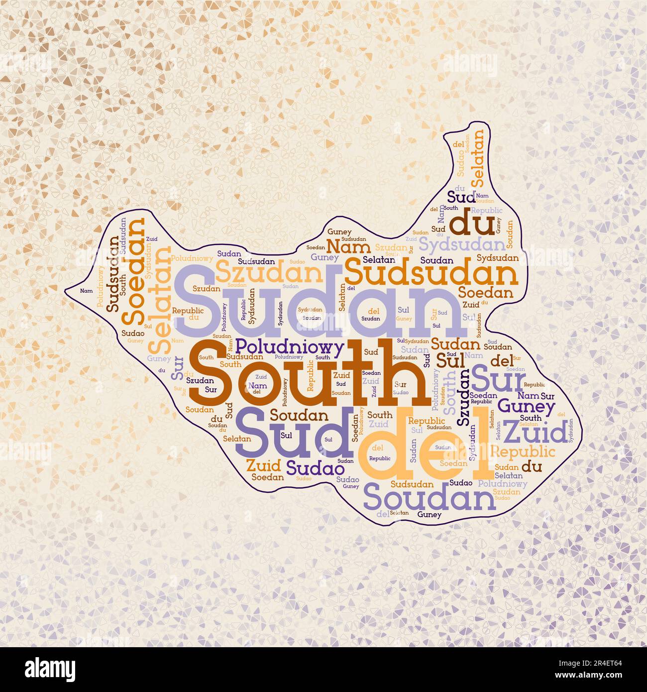 South Sudan shape with country names word cloud in multiple languages ...