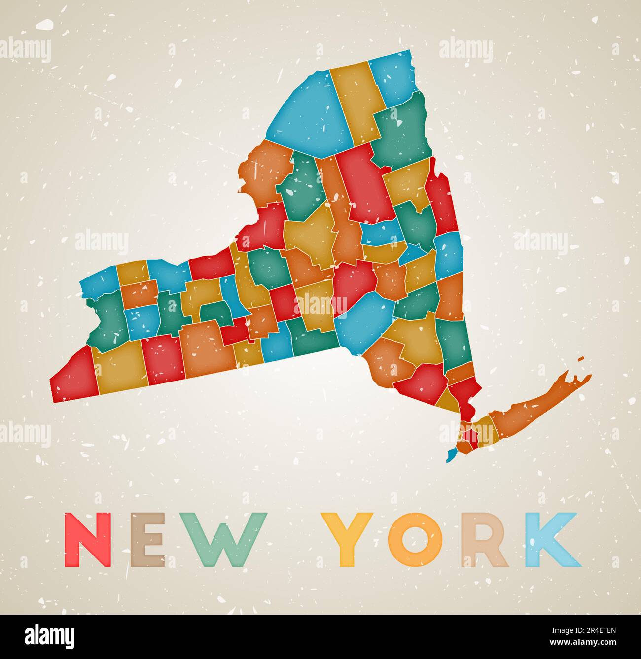 New York map. US state poster with colored regions. Old grunge texture ...