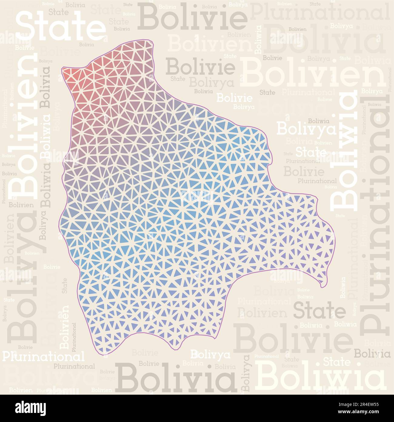 Bolivia map design. Country names in different languages and map shape with geometric low poly ...
