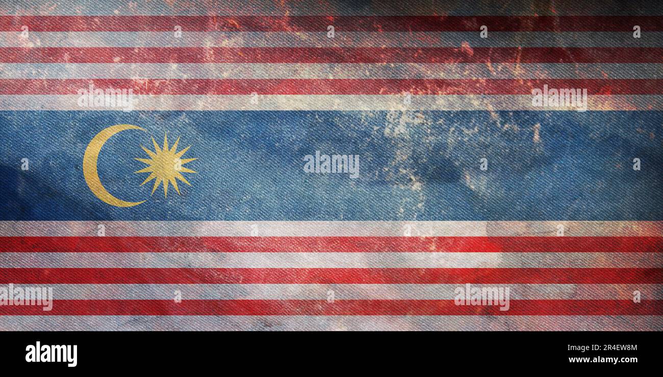 Top view of retro flag Kuala Lumpur Malaysia with grunge texture. Malaysian travel and patriot ...