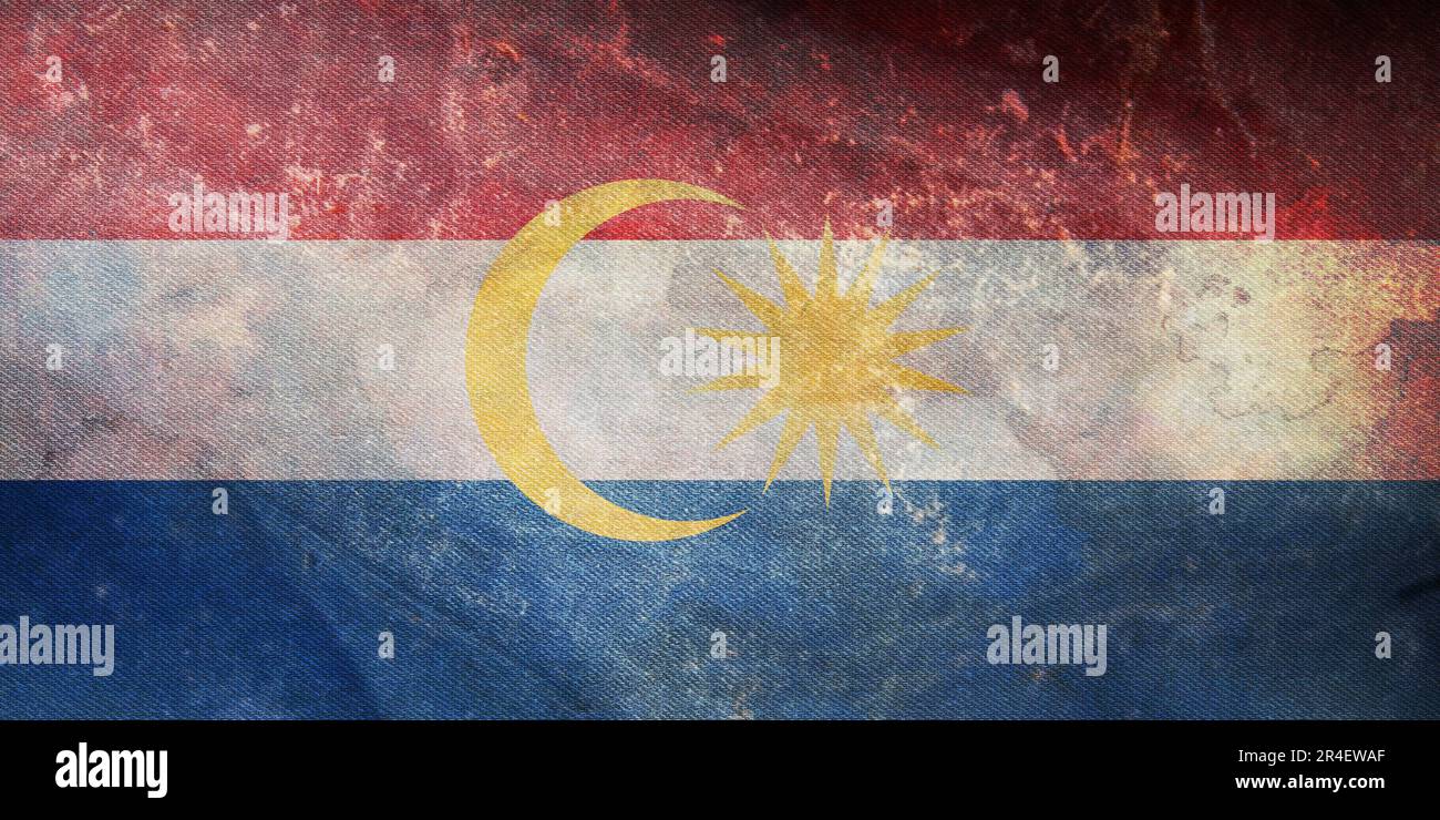 Top view of retro flag Labuan Malaysia with grunge texture. Malaysian travel and patriot concept ...