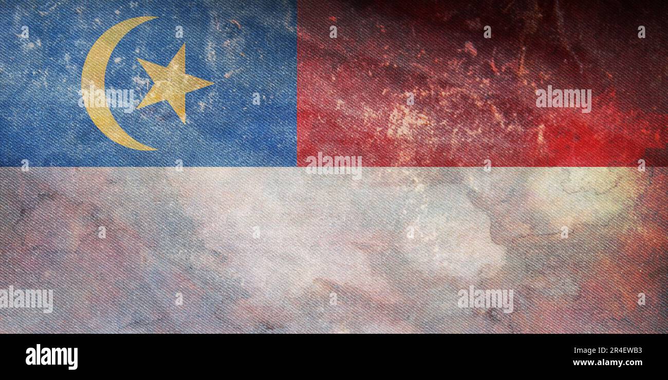 Top view of retro flag Malacca Malaysia with grunge texture. Malaysian travel and patriot ...