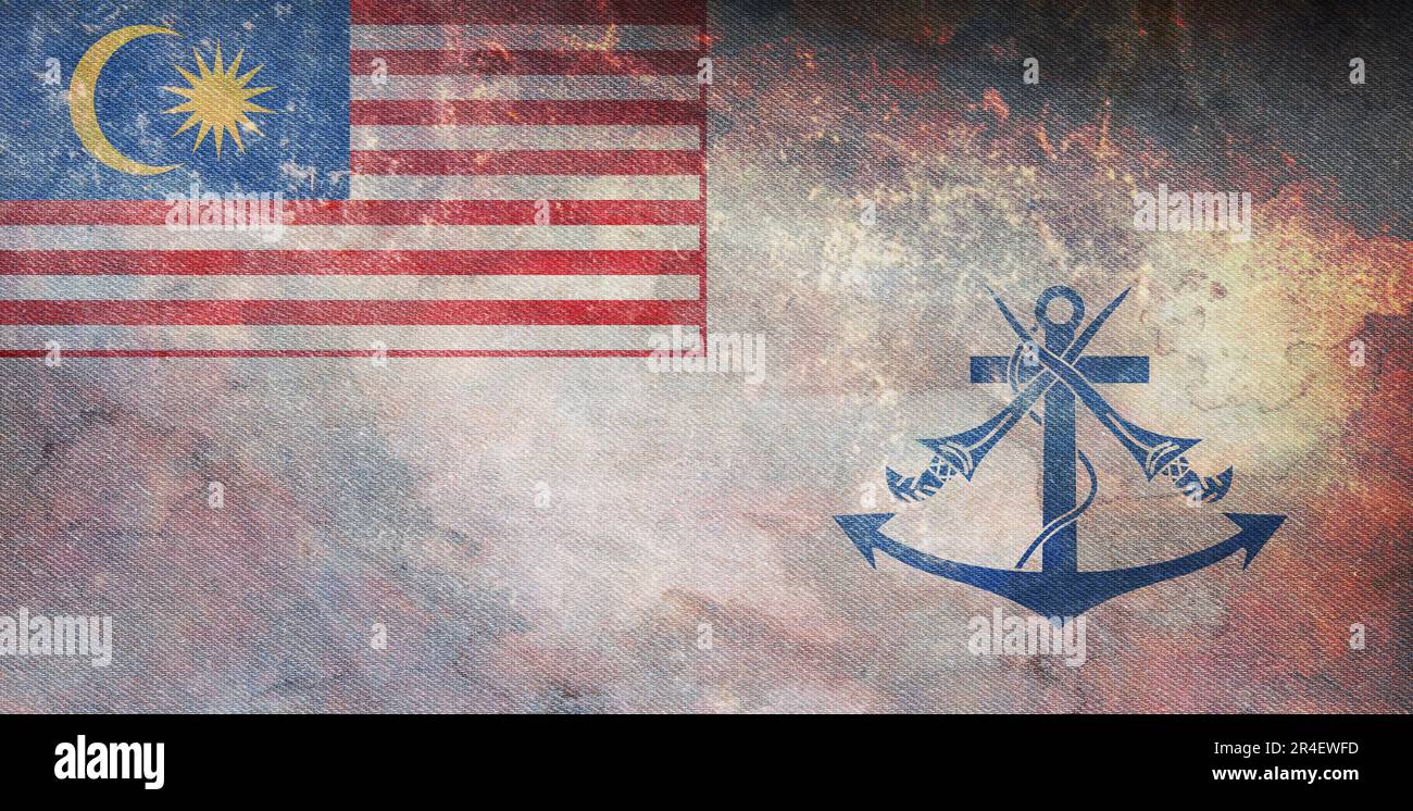 Top view of retro flag Naval Ensign Malaysia with grunge texture. Malaysian travel and patriot ...