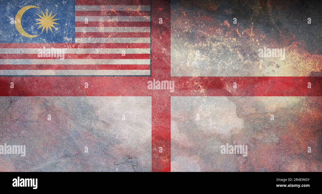 Top view of retro flag Naval Ensign 1963 1968 Malaysia with grunge texture. Malaysian travel and ...