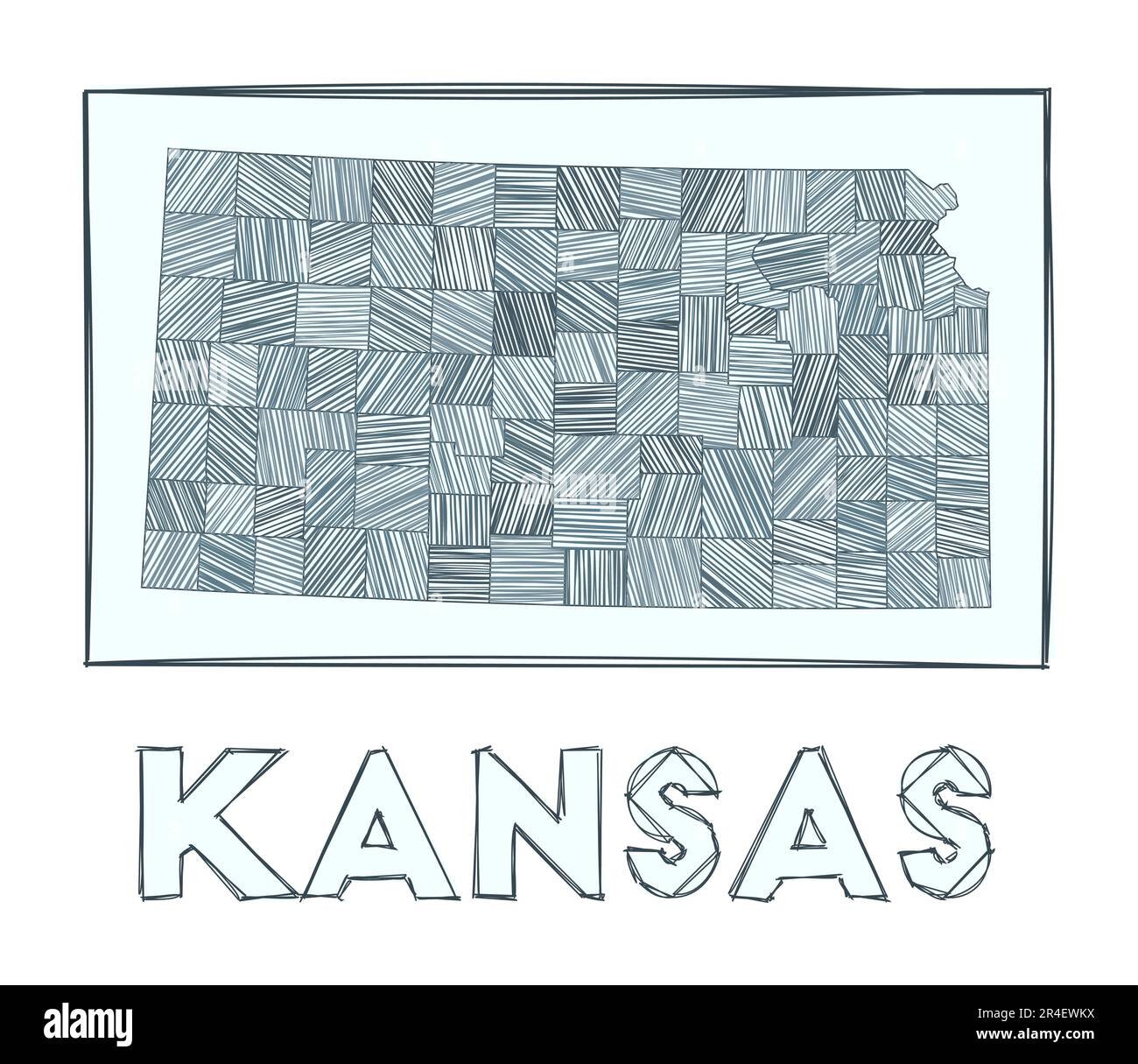 Sketch map of Kansas. Grayscale hand drawn map of the us state. Filled ...