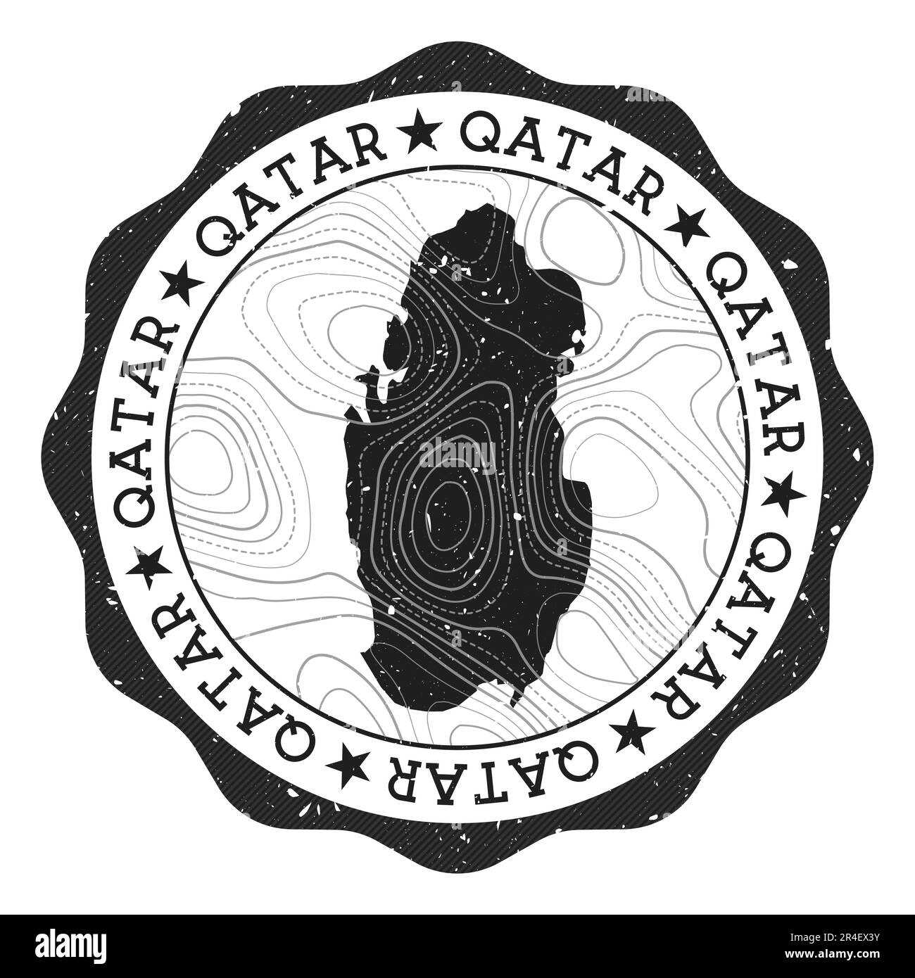 Qatar outdoor stamp. Round sticker with map of country with topographic ...