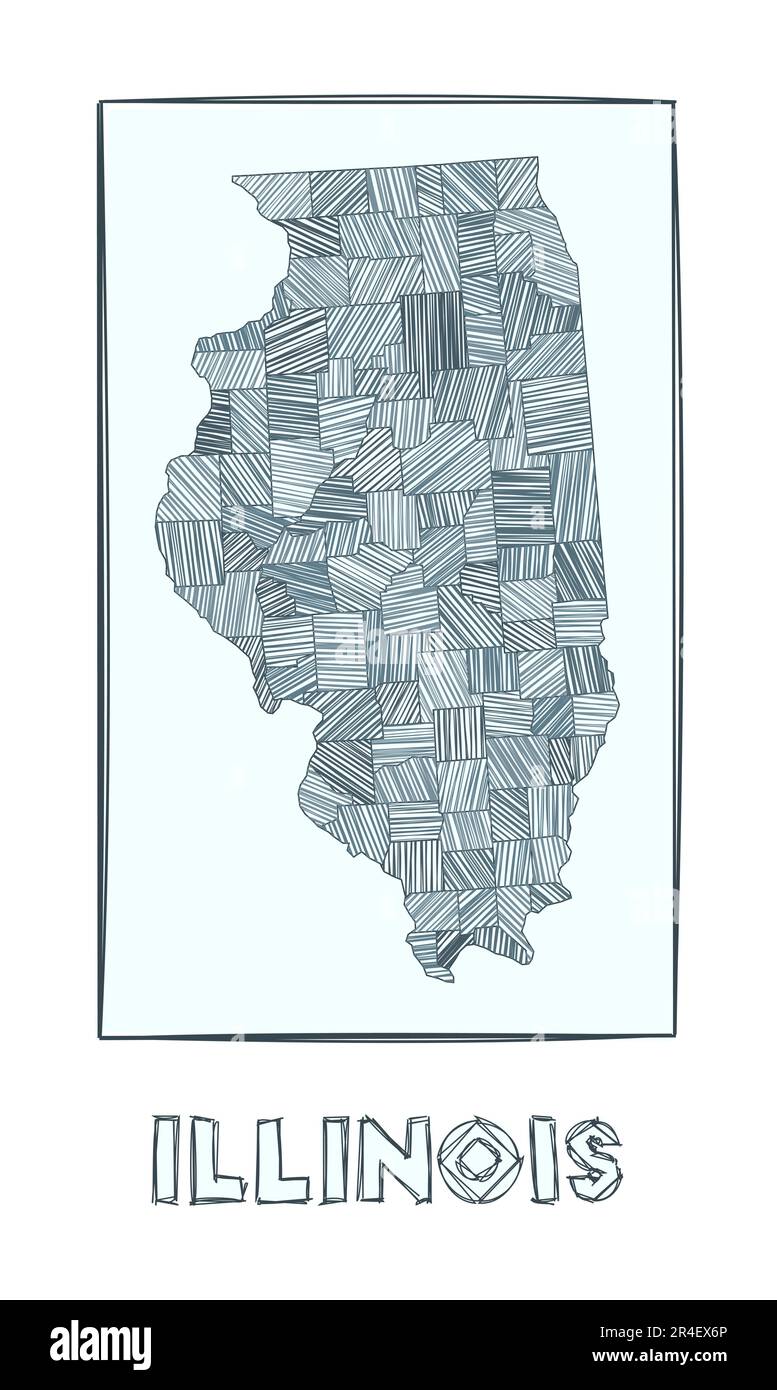Sketch map of Illinois. Grayscale hand drawn map of the US state ...