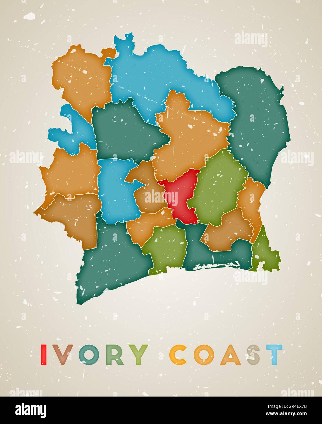 Ivory Coast map. Country poster with colored regions. Old grunge ...