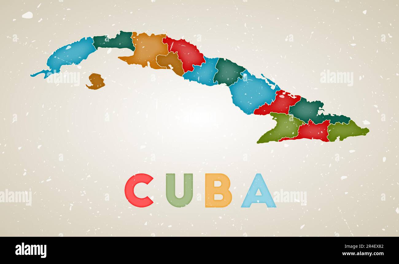 Cuba map. Country poster with colored regions. Old grunge texture ...