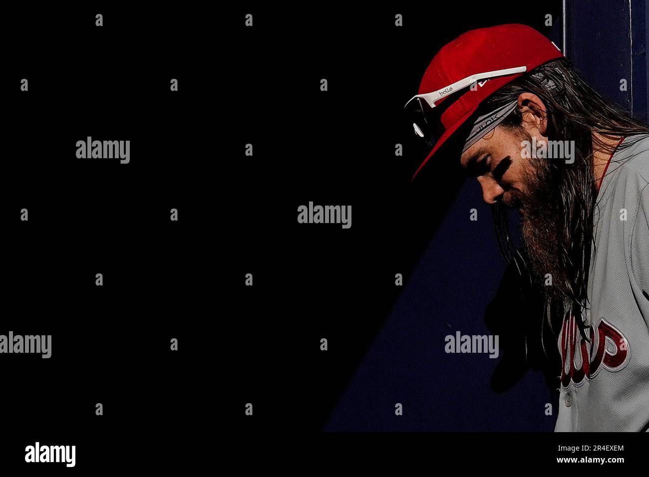 Philadelphia Phillies' Brandon Marsh (16) walks out of the dugout after ...