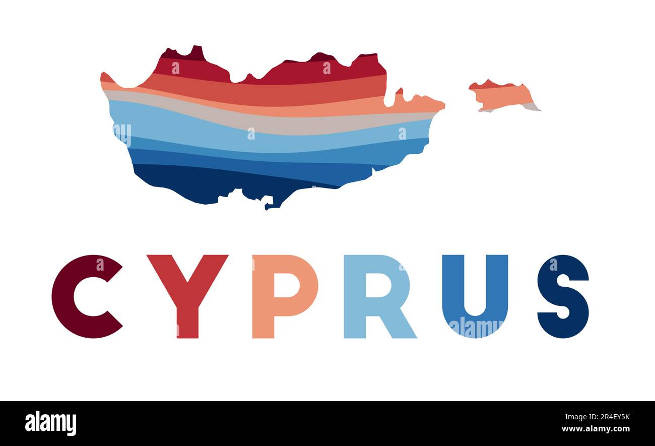 Cyprus map. Map of the country with beautiful geometric waves in red and blue colors. Vivid ...