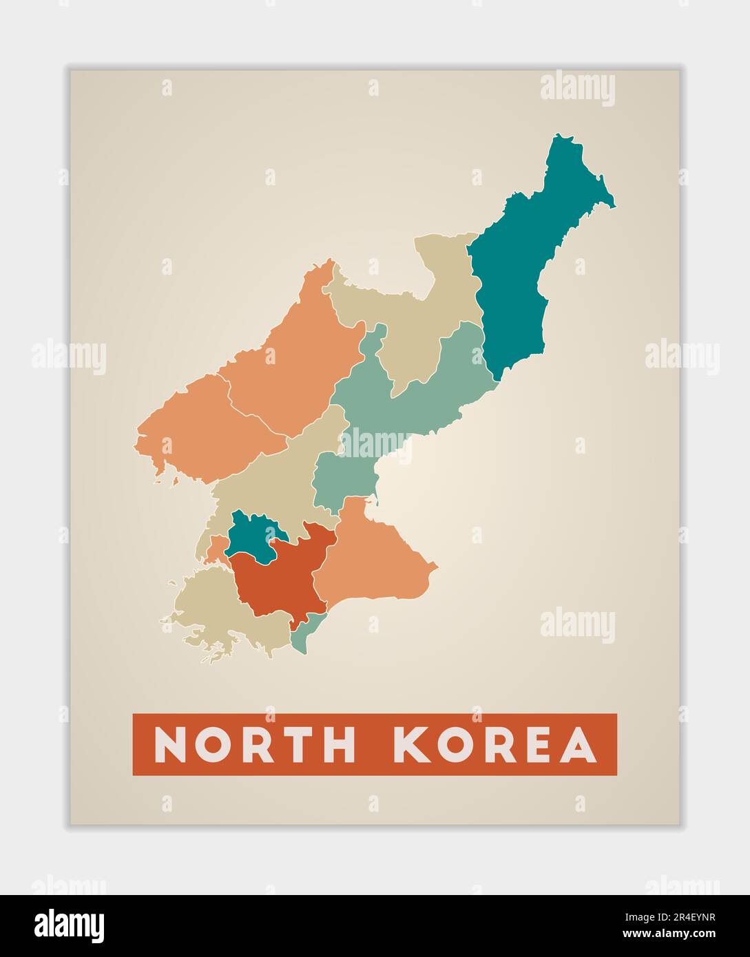 North Korea poster. Map of the country with colorful regions. Shape of ...