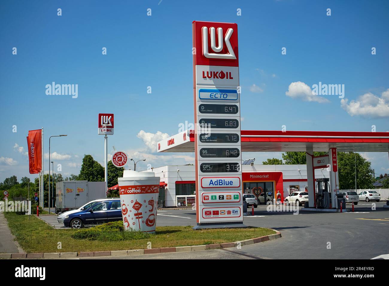 Tunari, Romania - Mai 24, 2023: A Lukoil gas station is seen on the ...