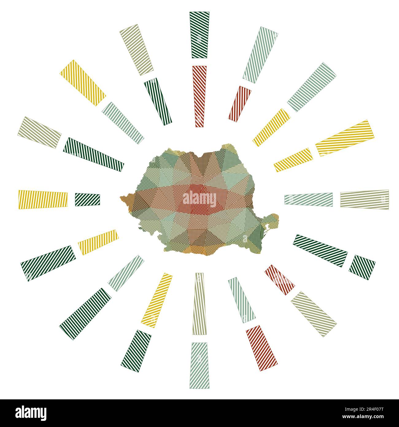 Romania sunburst. Low poly striped rays and map of the country ...