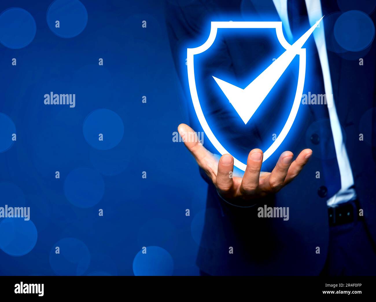 Anti-fraud security system. Man with illustration of checkmark in ... Anti-fraud security system. Man with illustration of checkmark in ...