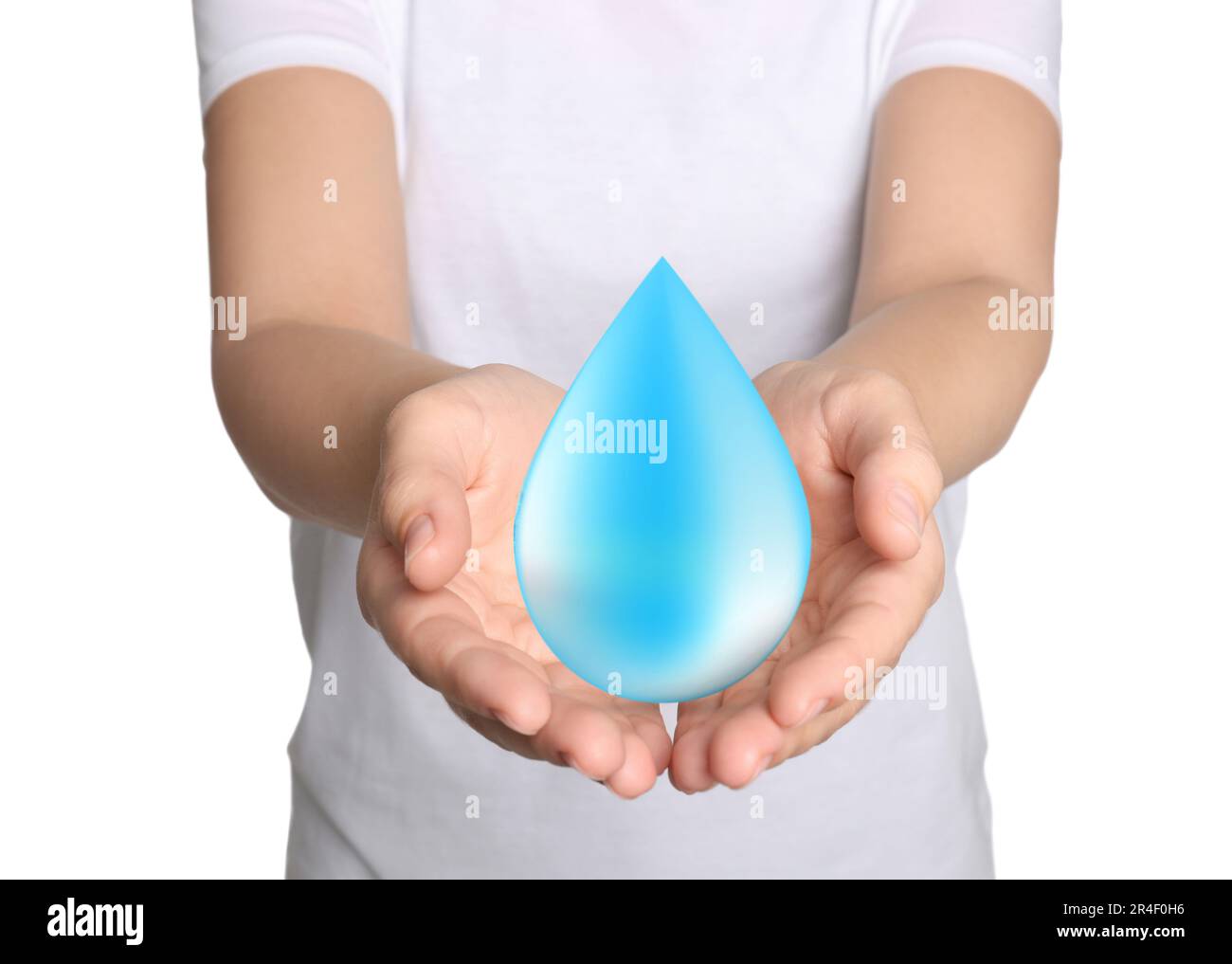 Woman holding image of water drop on white background, closeup Stock ...