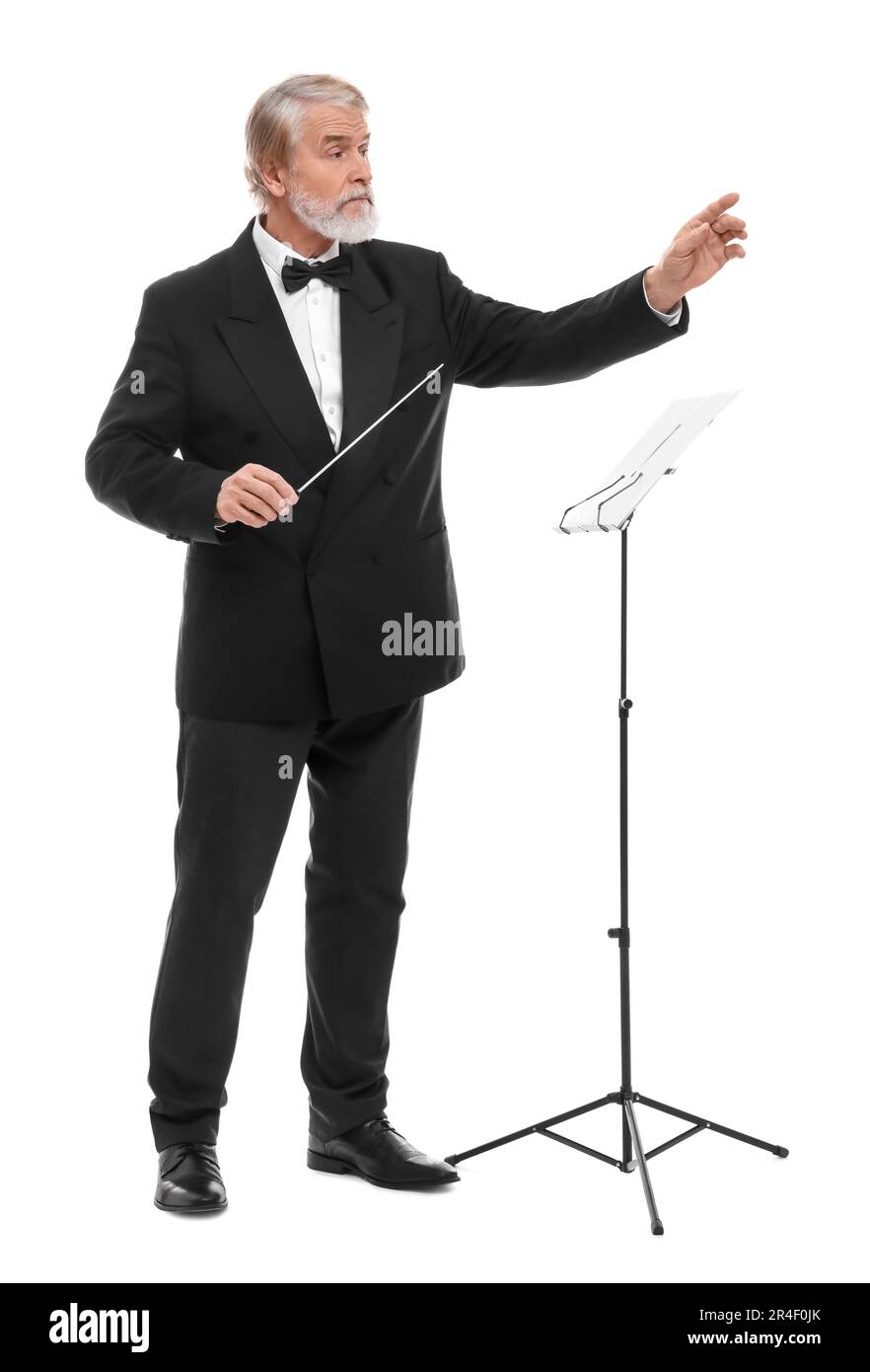 Professional conductor with baton on white background Stock Photo - Alamy