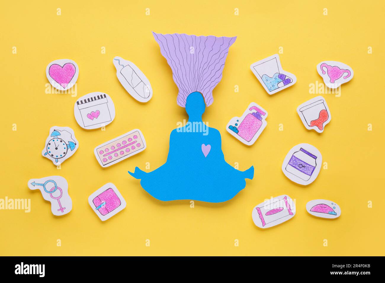 Woman's health. Female paper figure and different hygiene products on ...