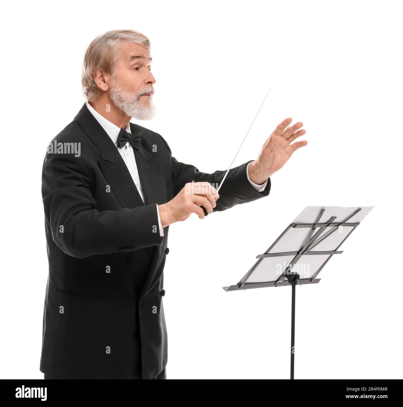 Professional conductor with baton and note stand on white background ...