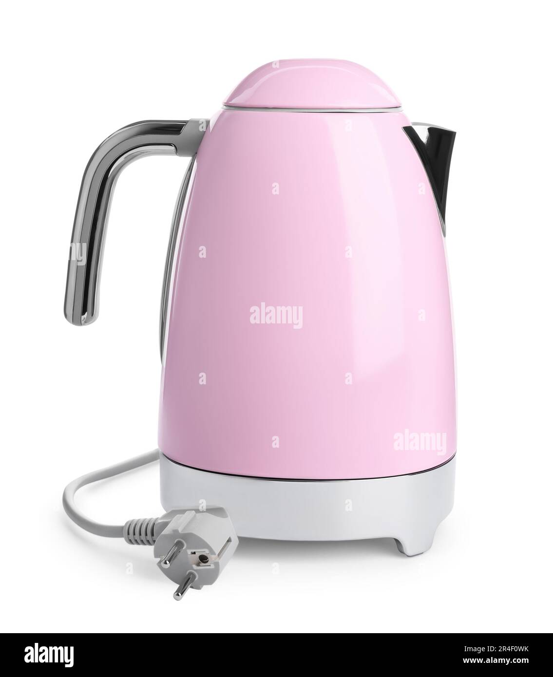 Modern pink electric kettle with base and plug isolated on white Stock ...