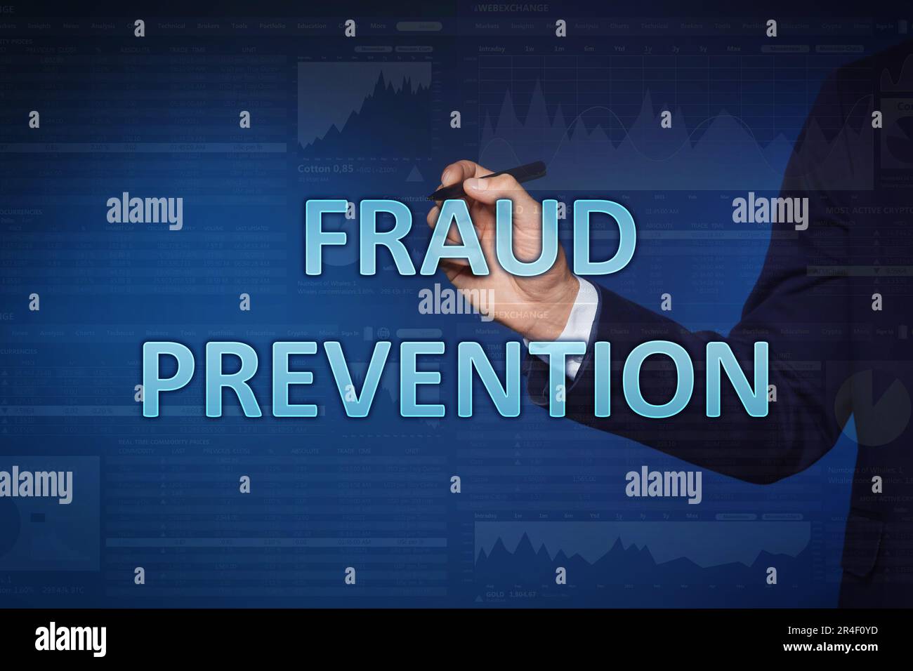 Fraud prevention. Man writing words on glass board, closeup. Data and ...