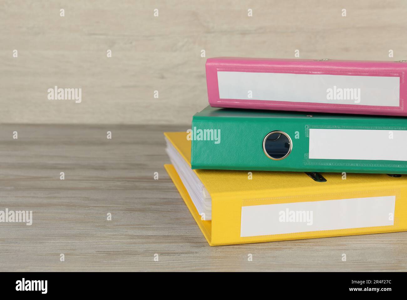 Stack of office folders on white wooden table, space for text Stock ...