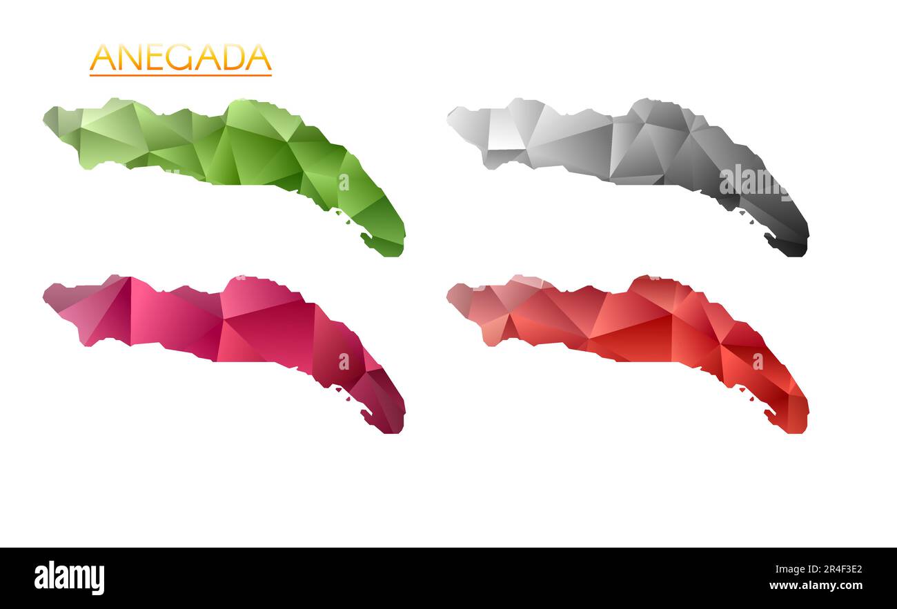 Set of vector polygonal maps of Anegada. Bright gradient map of island ...