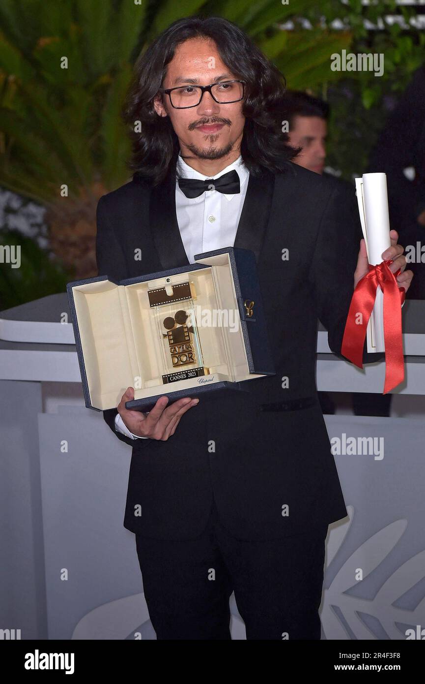 Cannes, France. 27th May, 2023. Director Pham Thien An holds The Caméra ...