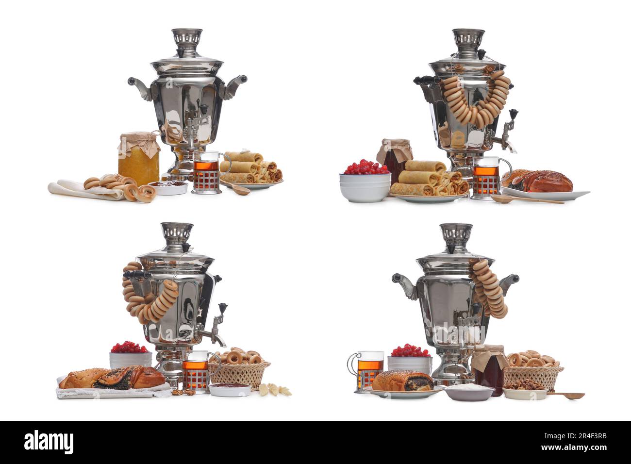 Traditional Russian samovars and treats on white background, collage ...