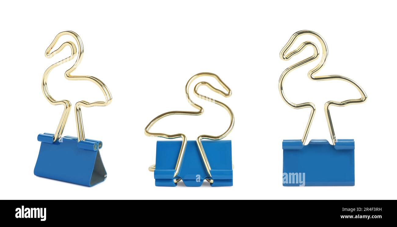 Set with light blue binder clips on white background Stock Photo - Alamy