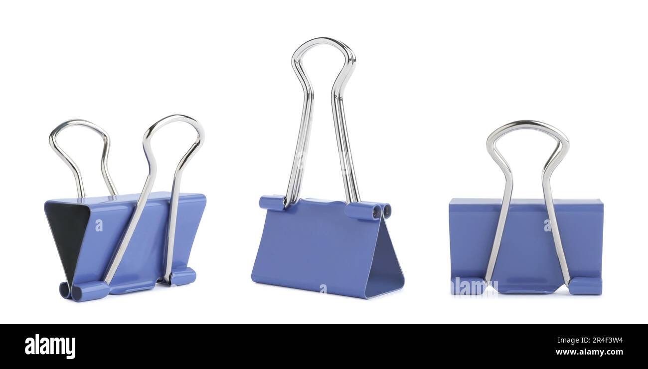 Set with light blue binder clips on white background Stock Photo - Alamy
