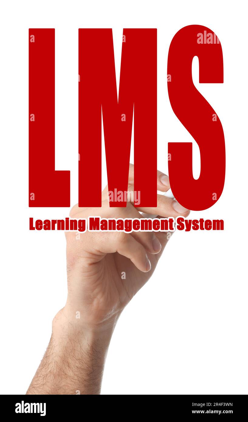 Learning management system. Man writing abbreviation LMS on glass board ...